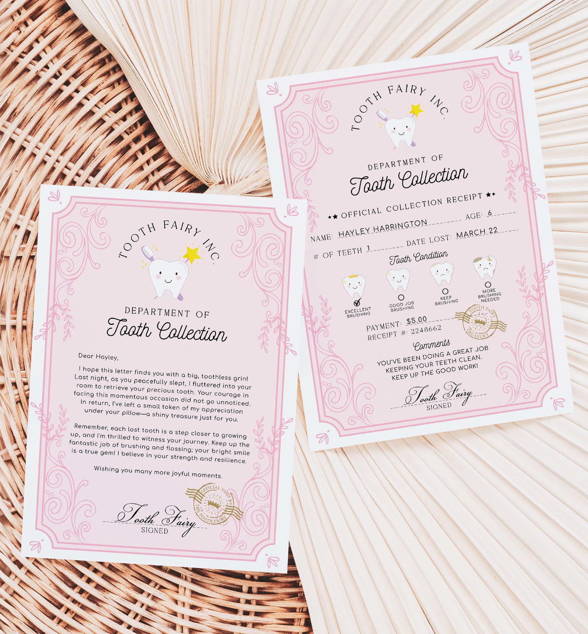 Tooth Fairy Pink White | Printable Tooth Collection Letter and Receipt ...
