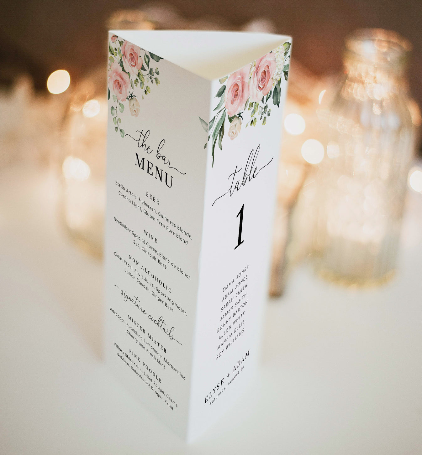 Darcy Floral Pink | Printable Tri-Fold Menu Template – Black Bow Studio