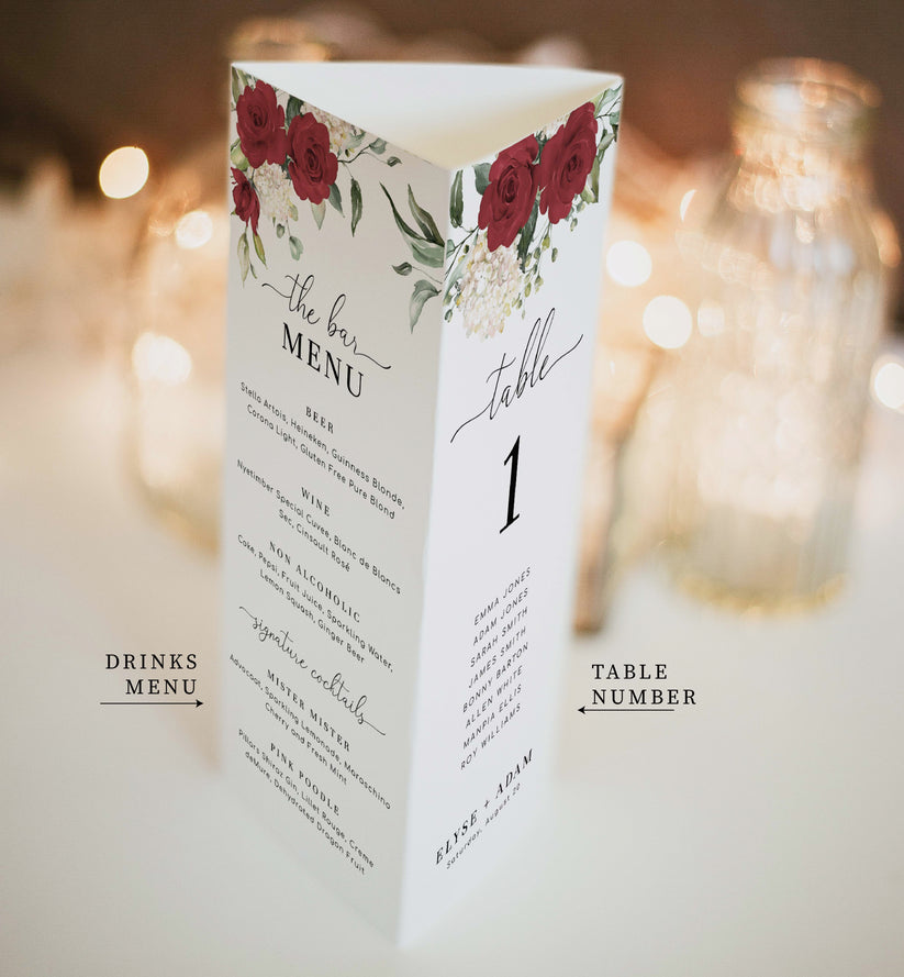 Darcy Floral Red | Printable Tri-Fold Menu Template – Black Bow Studio