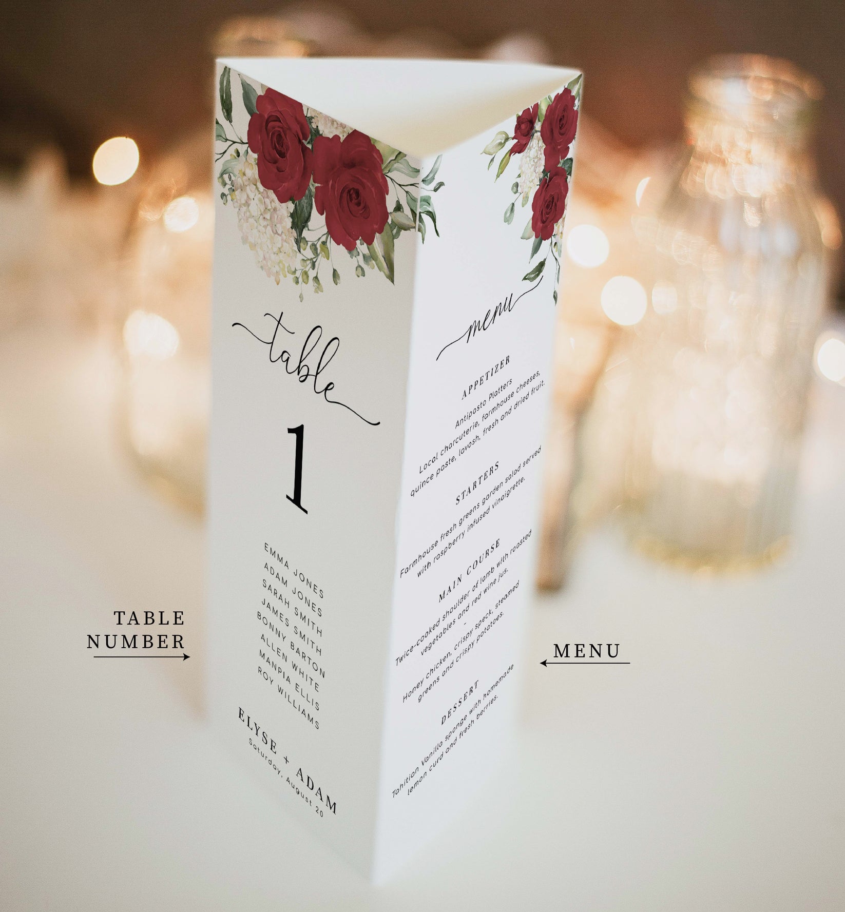 Darcy Floral Red | Printable Tri-Fold Menu Template – Black Bow Studio