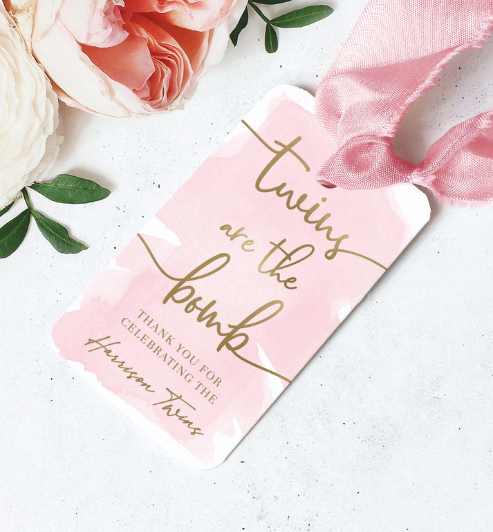 Watercolour Pink Gold | Printable Twins Bath Bomb Favour Tag Template ...