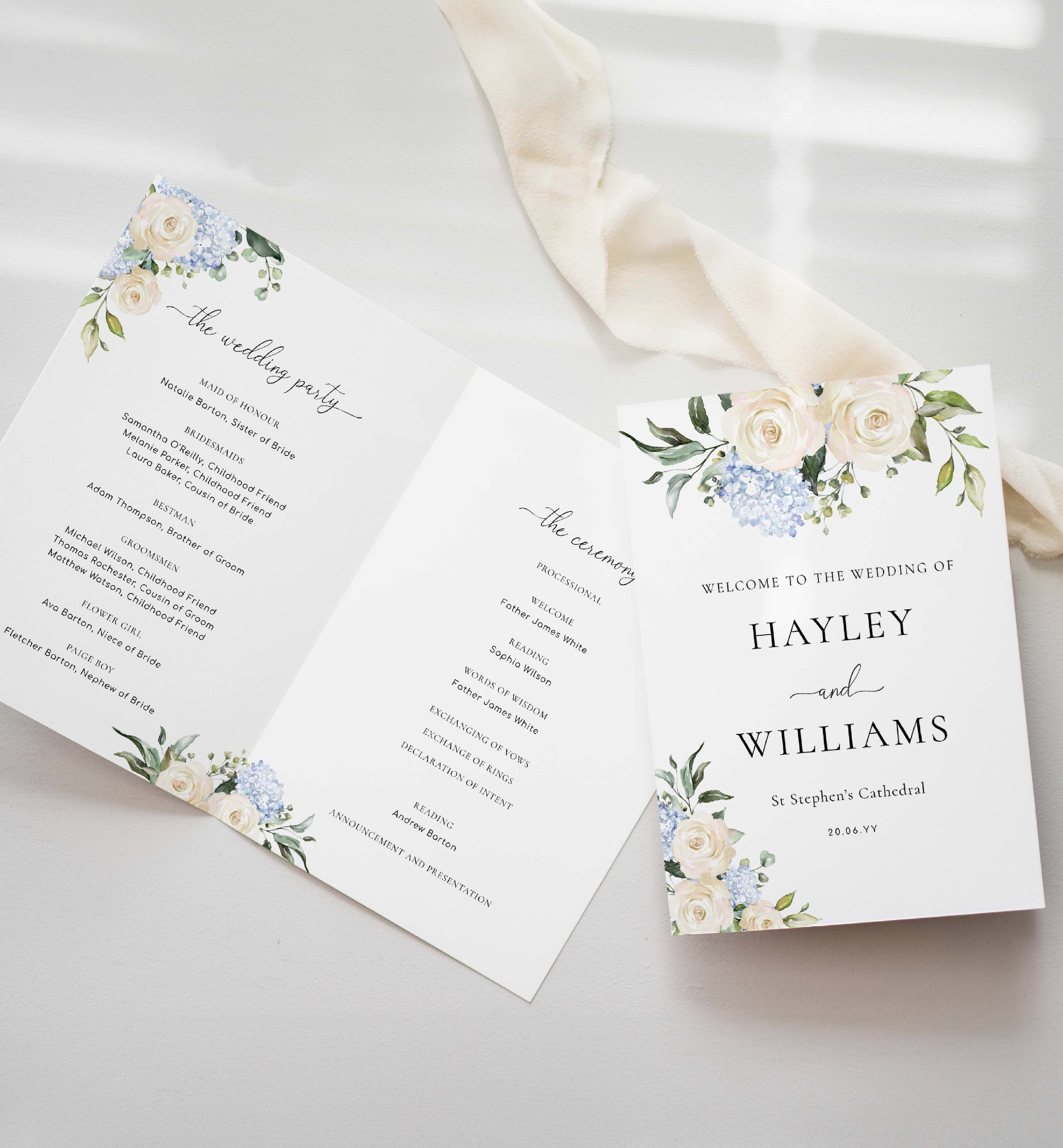 Darcy Floral White | Printable Wedding Program Template – Black Bow Studio