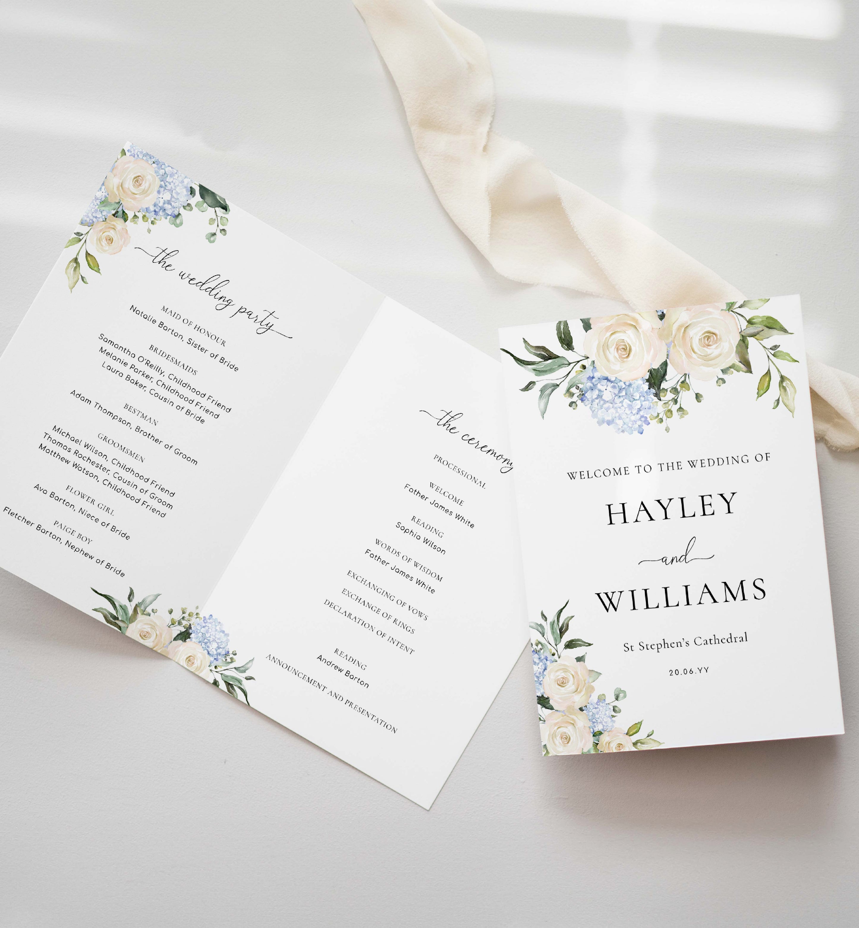 Darcy Floral White | Printable Wedding Program Template – Black Bow Studio