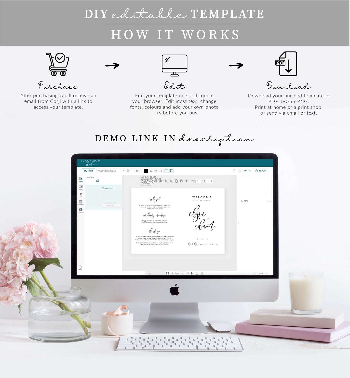 Lucas Script White | Printable Wedding Folded Program Template – Black ...