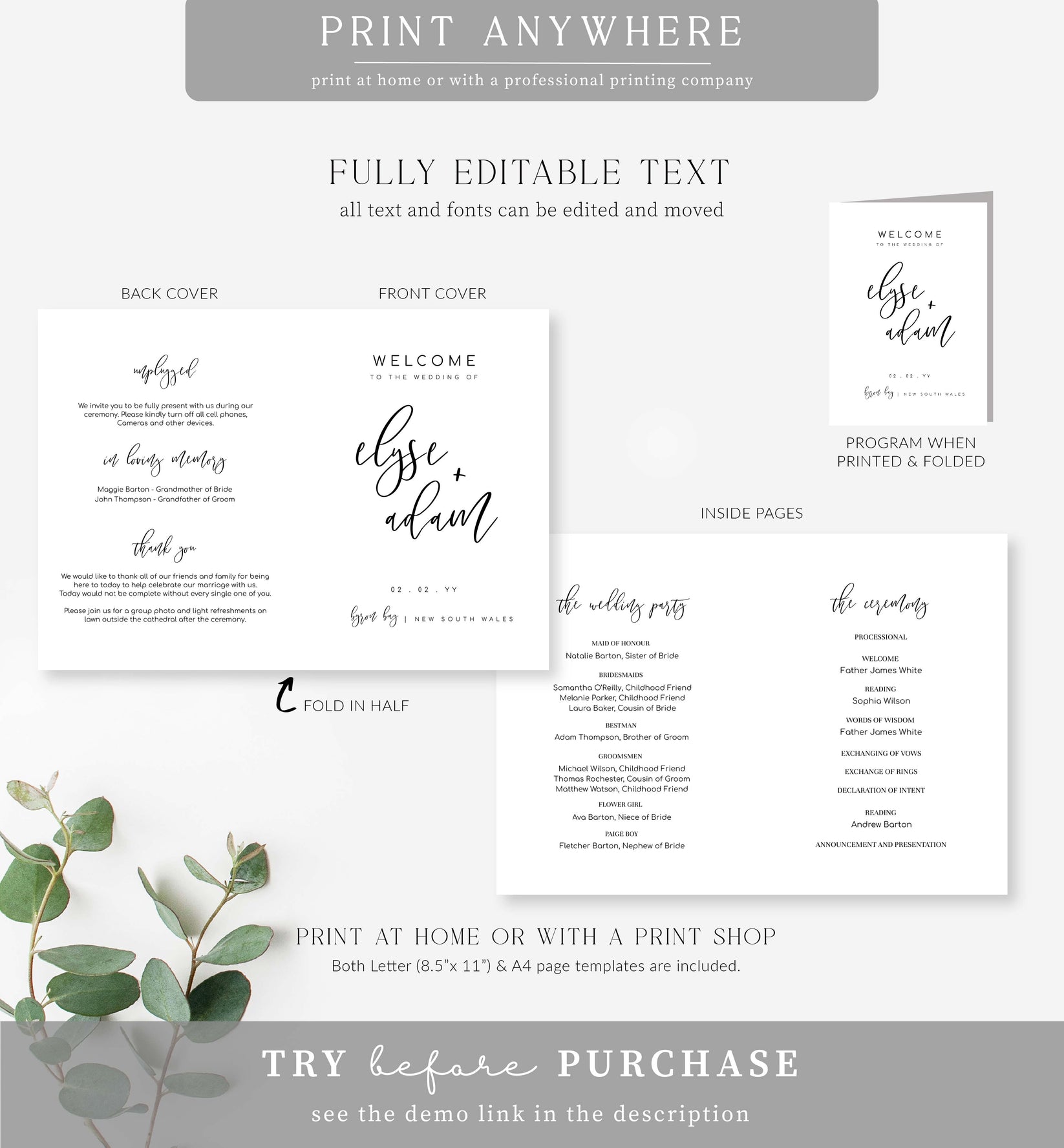 Lucas Script White | Printable Wedding Folded Program Template – Black ...