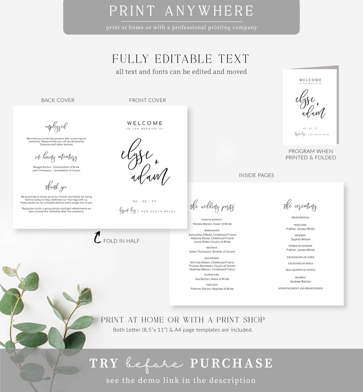 Lucas Script White | Printable Wedding Folded Program Template – Black ...