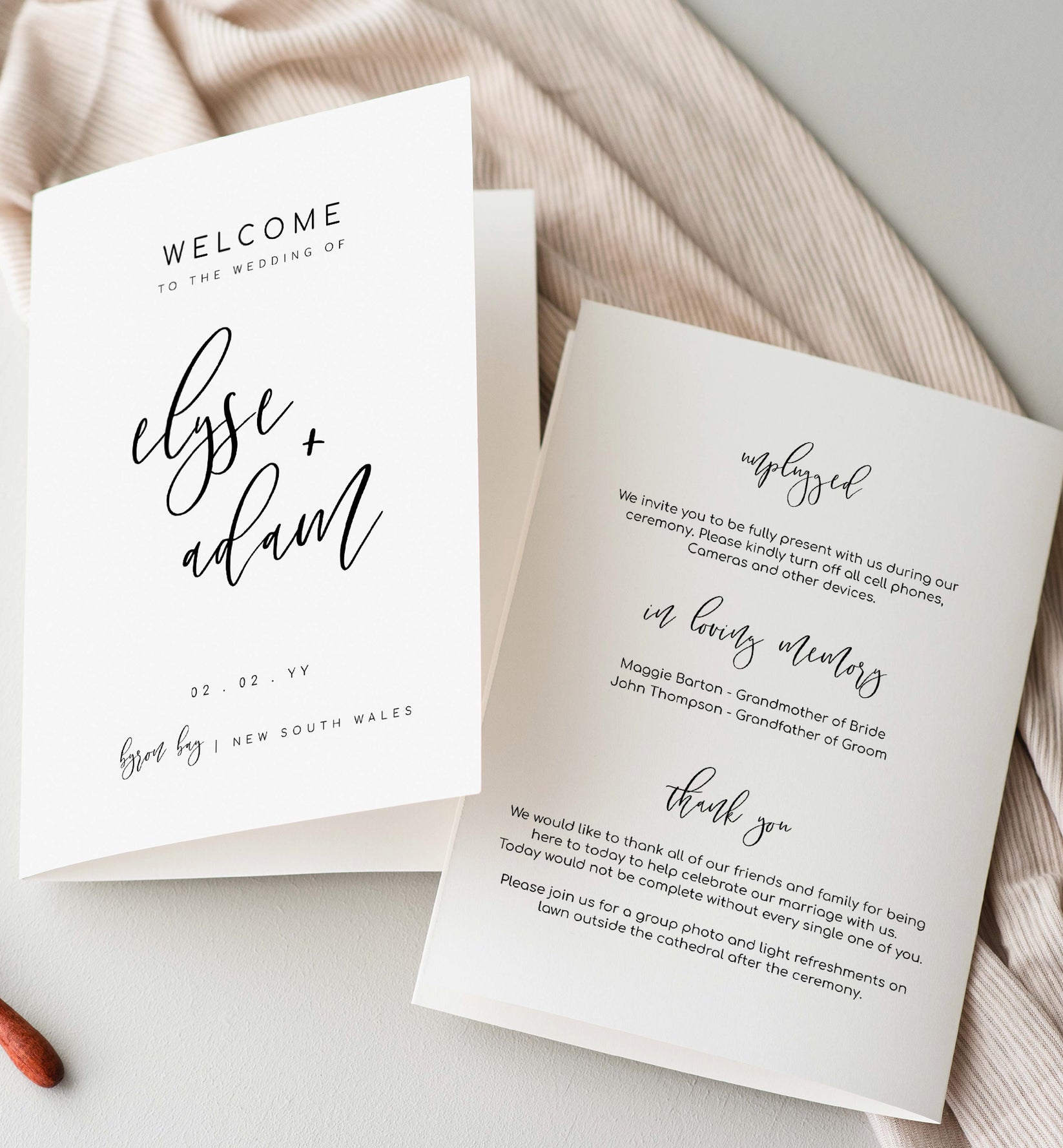 Lucas Script White | Printable Wedding Folded Program Template – Black ...