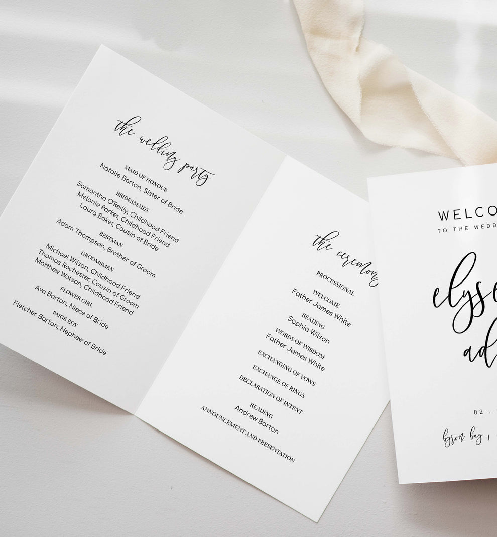 Lucas Script White | Printable Wedding Folded Program Template – Black ...