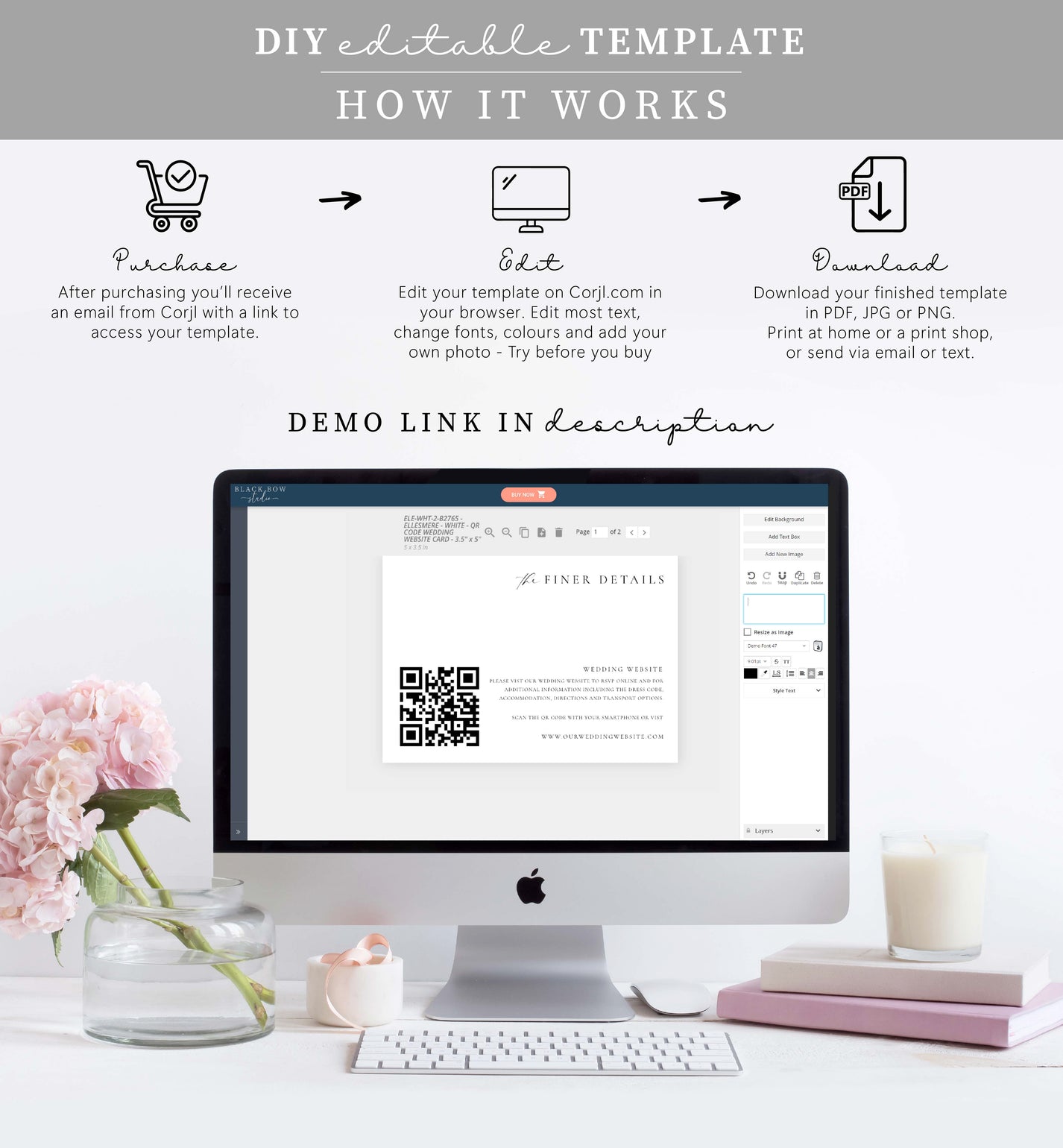 Ellesmere White | Printable QR Wedding Website Card Template – Black ...