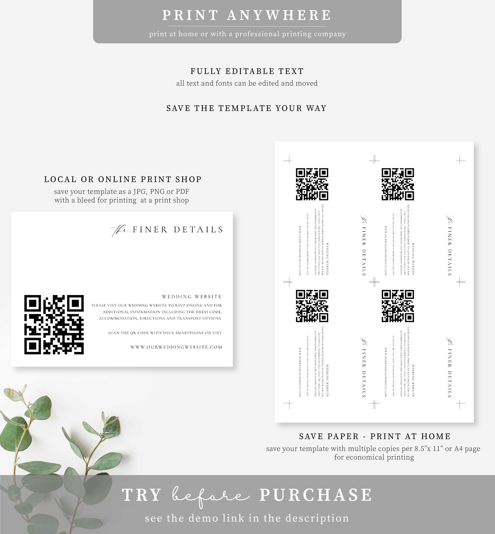 Ellesmere White | Printable QR Wedding Website Card Template – Black ...