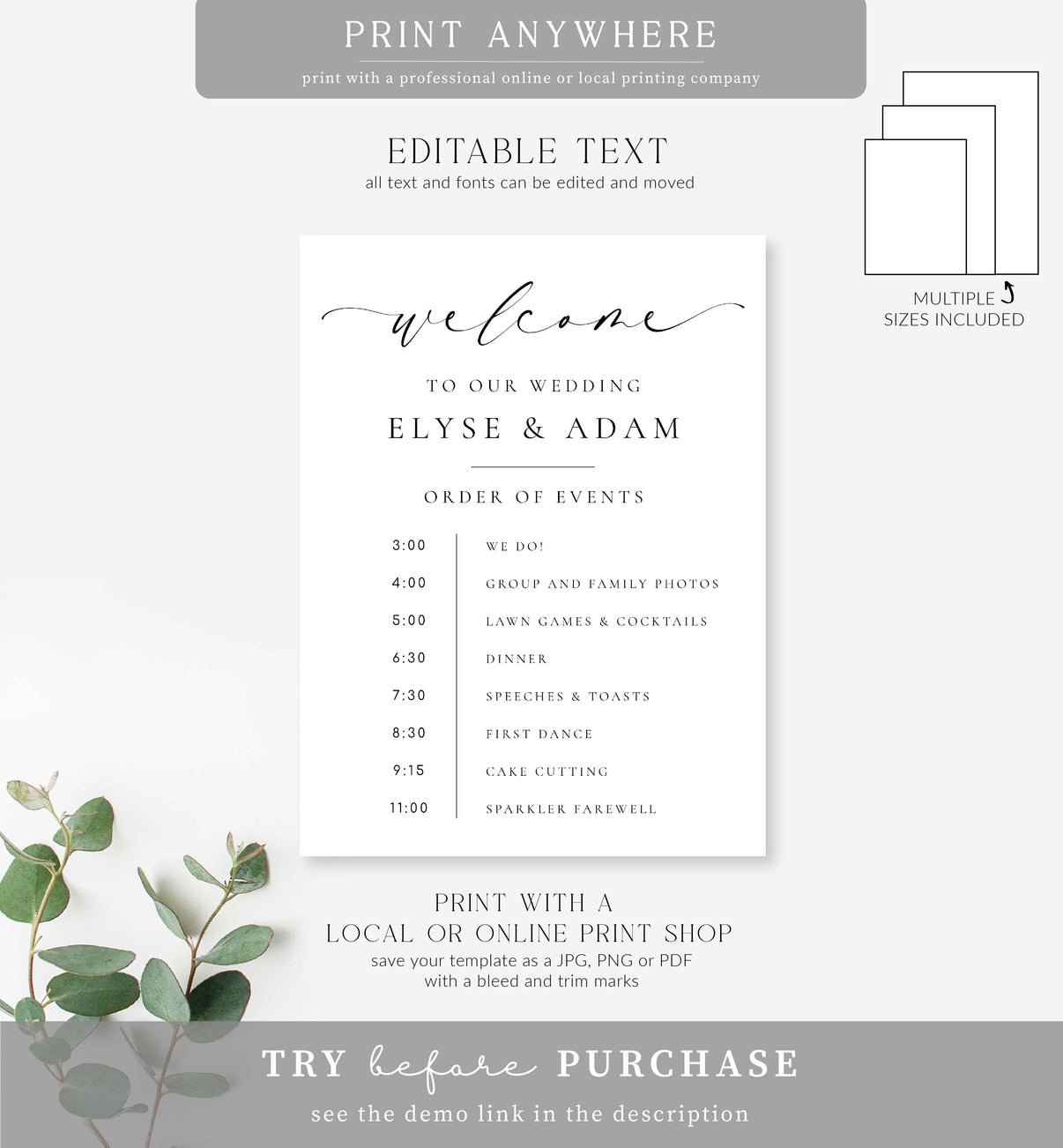 Ellesmere White | Printable Order Of Events Welcome Sign Template ...