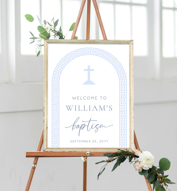 Greek Key White Blue | Printable Welcome Sign Template – Black Bow Studio