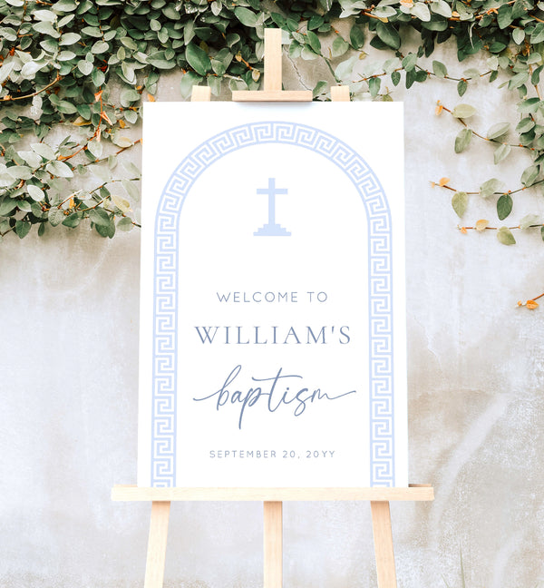 Greek Key White Blue | Printable Welcome Sign Template – Black Bow Studio