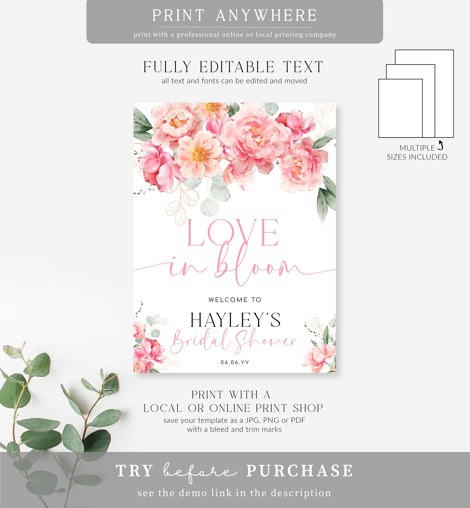 Piper Floral White | Printable Welcome Sign Template – Black Bow Studio