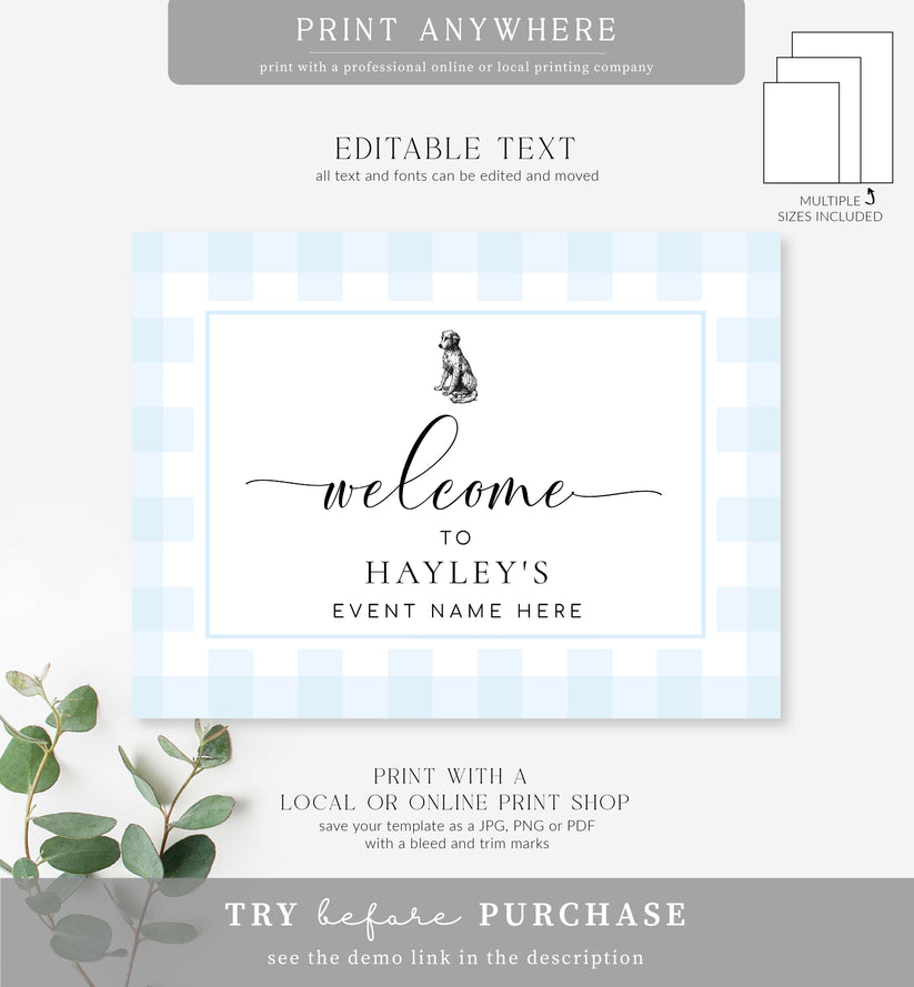 Gingham Blue Dog | Printable Welcome Sign Template – Black Bow Studio