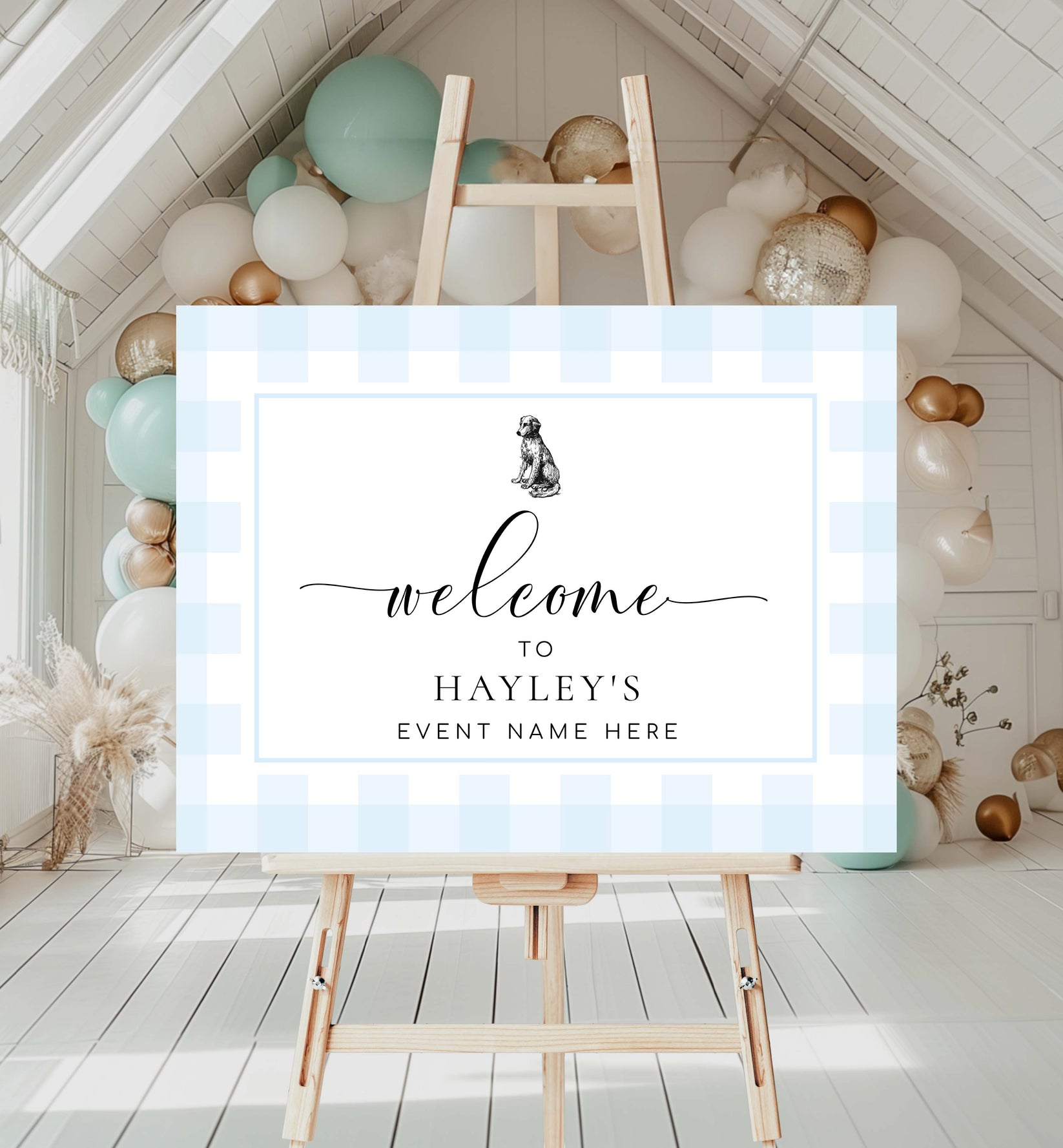 Gingham Blue Dog | Printable Welcome Sign Template – Black Bow Studio