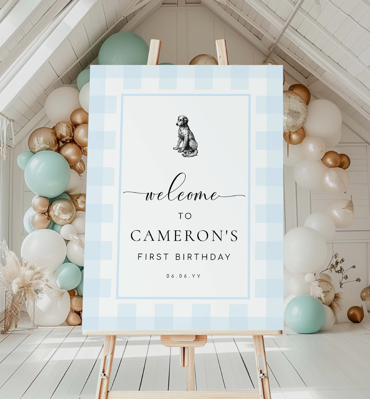 Gingham Blue Dog | Printable Welcome Sign Template – Black Bow Studio