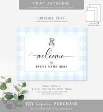 Gingham Blue Teddy Bear | Printable Welcome Sign Template – Black Bow ...