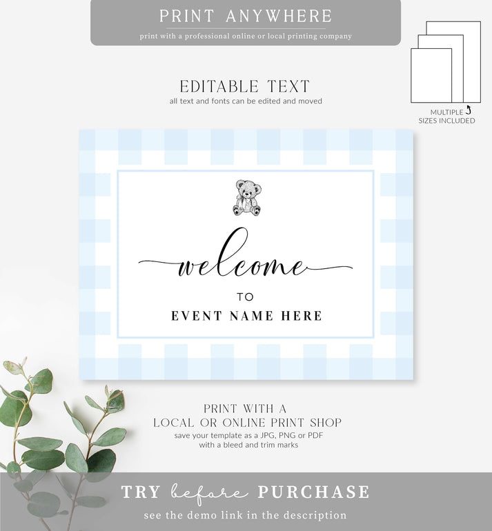 Gingham Blue Teddy Bear | Printable Welcome Sign Template – Black Bow ...