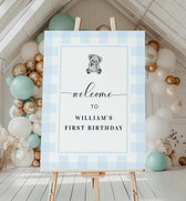 Gingham Blue Teddy Bear | Printable Welcome Sign Template – Black Bow ...