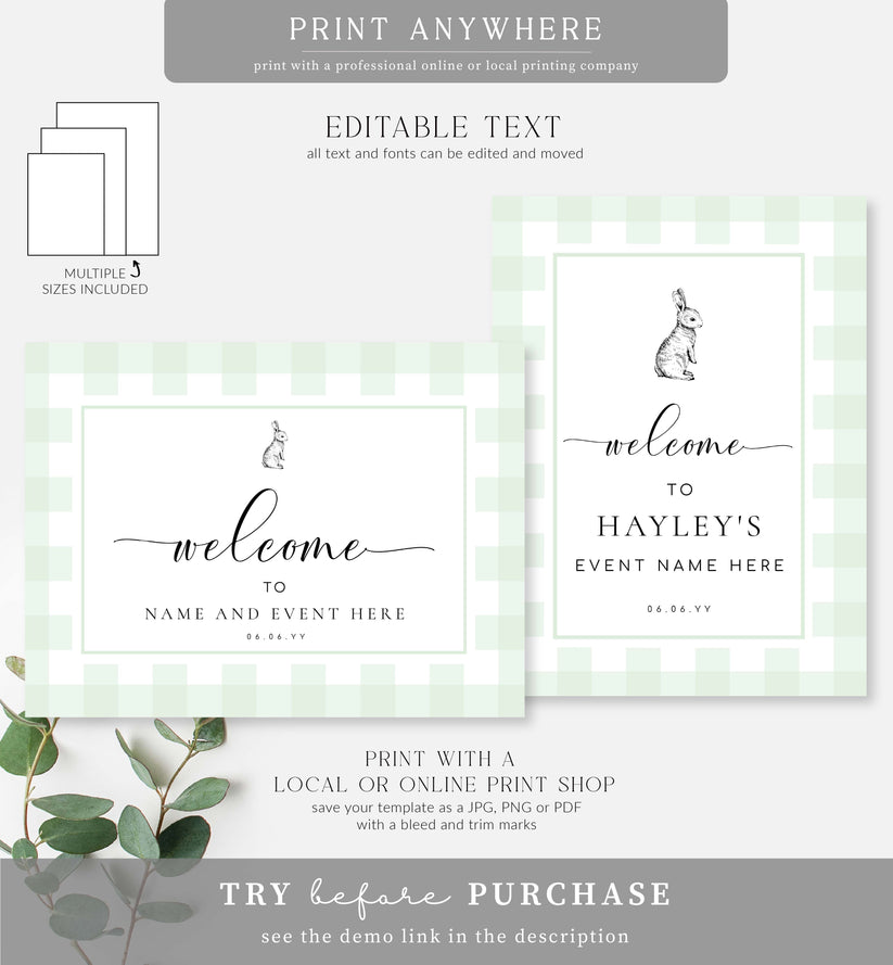 Gingham Bunny Mint Green | Printable Welcome Sign Template – Black Bow ...