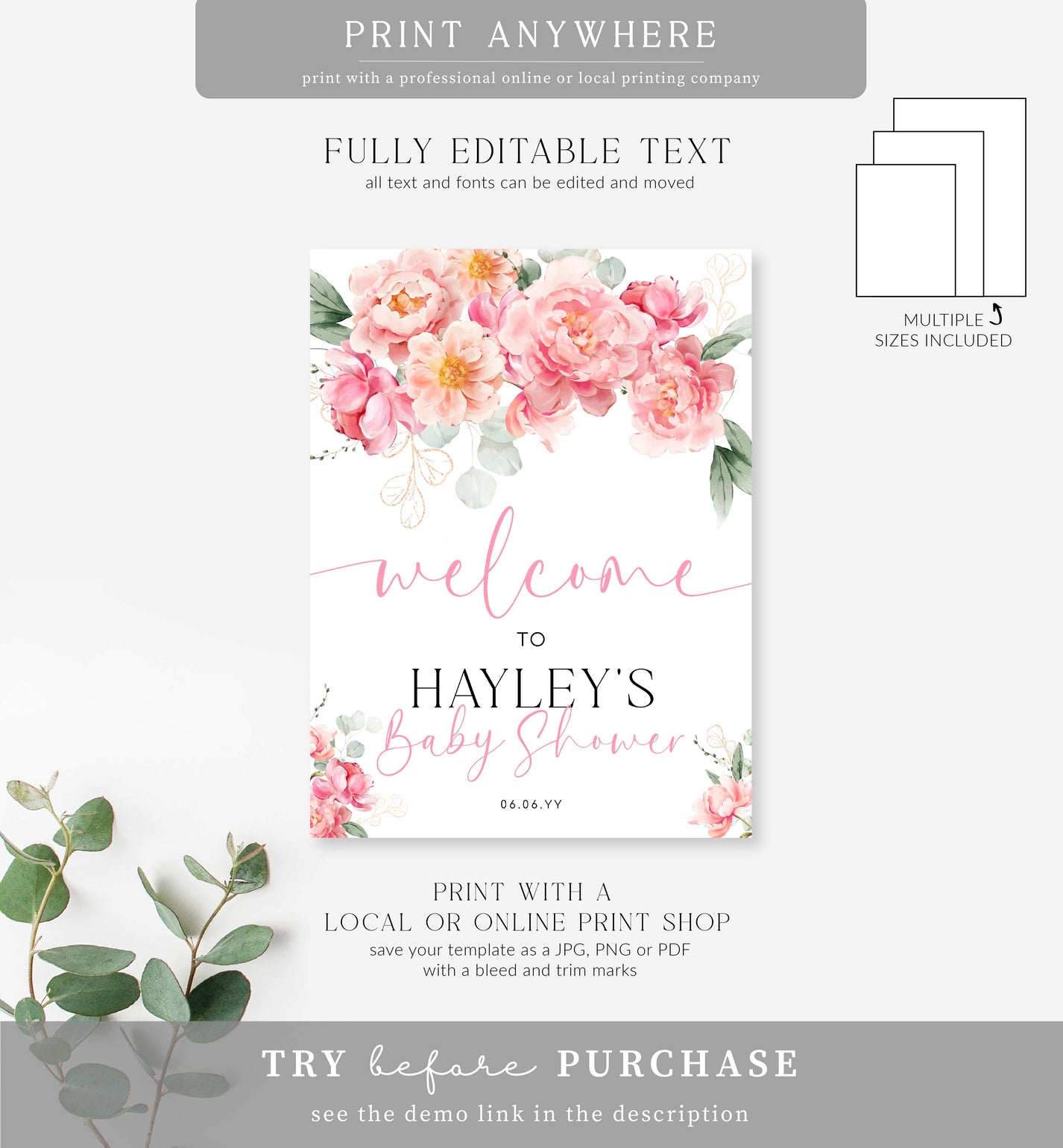 Piper Floral White | Printable Welcome Sign Template – Black Bow Studio