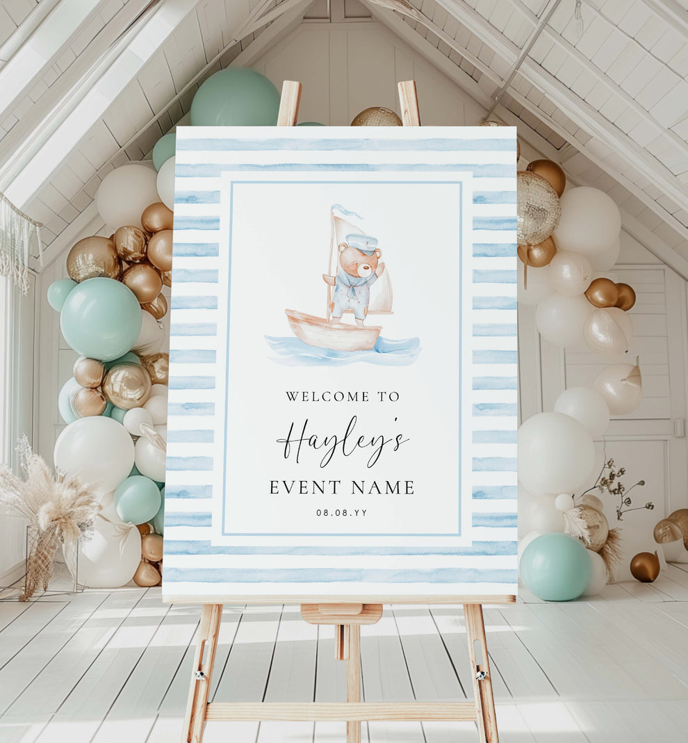 Sailor Bear Boat Blue | Printable Welcome Sign Template – Black Bow Studio