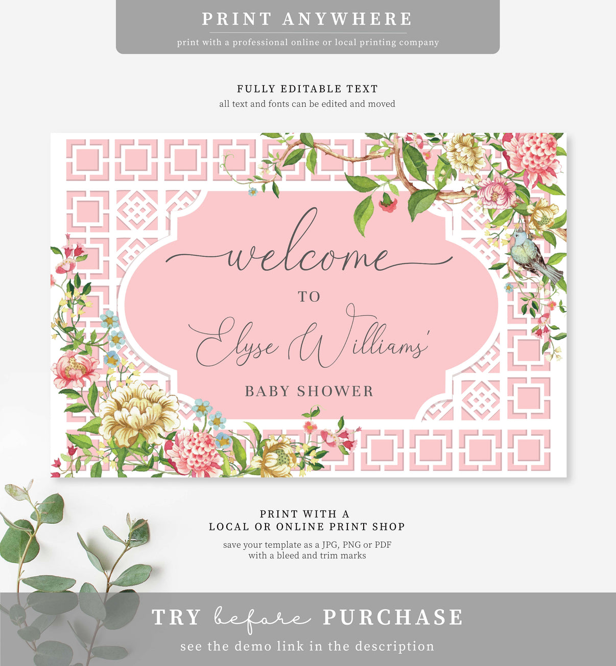 Trianon Pink | Printable Welcome Sign Template – Black Bow Studio