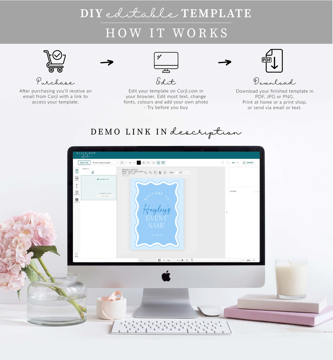 Wave Blue | Printable Welcome Sign Template – Black Bow Studio