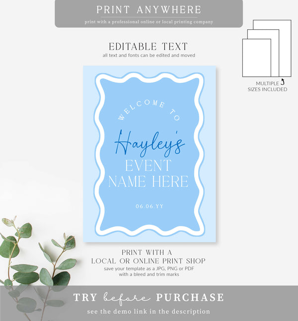 Wave Blue | Printable Welcome Sign Template – Black Bow Studio