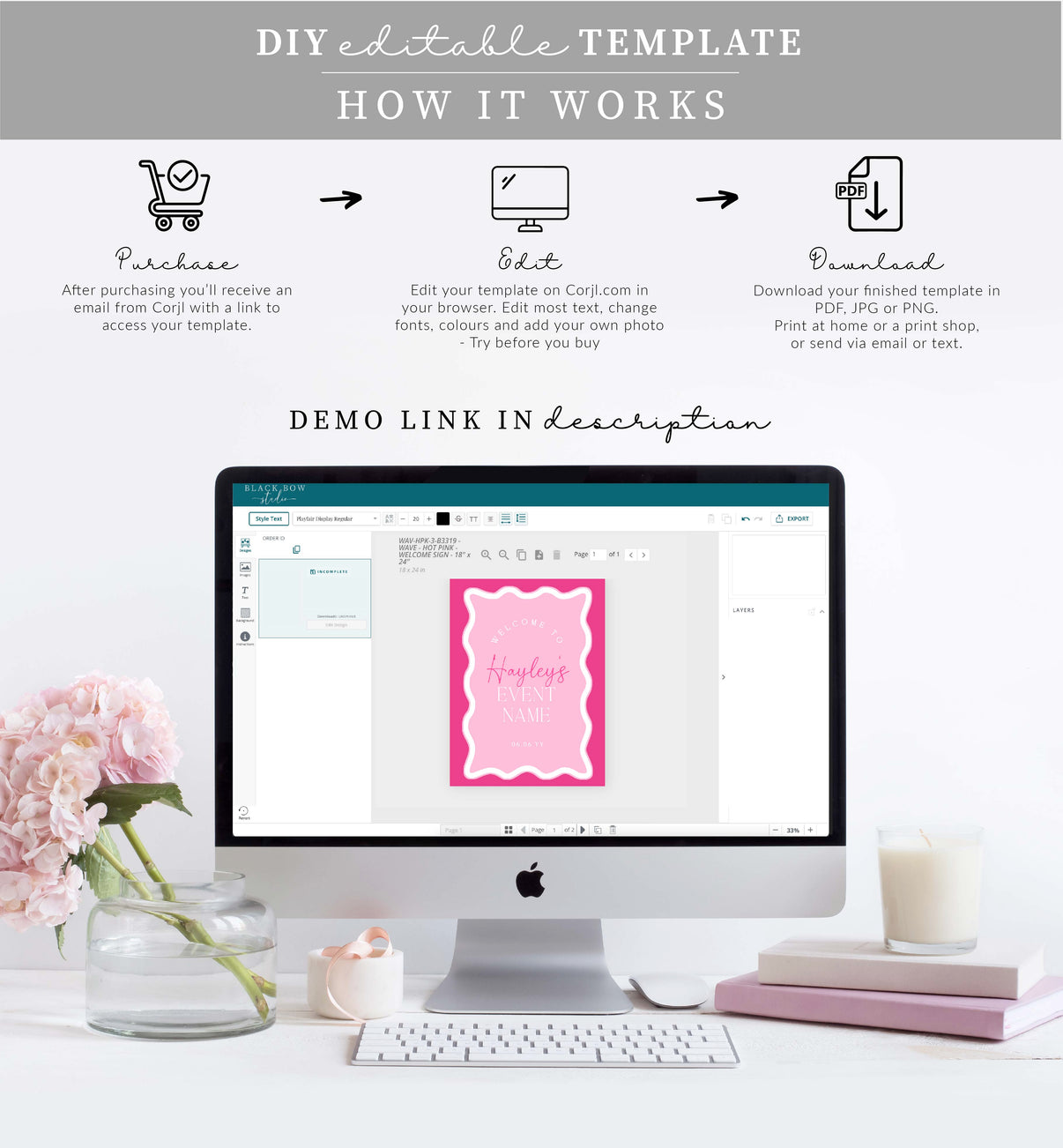 Wave Hot Pink | Printable Welcome Sign Template – Black Bow Studio