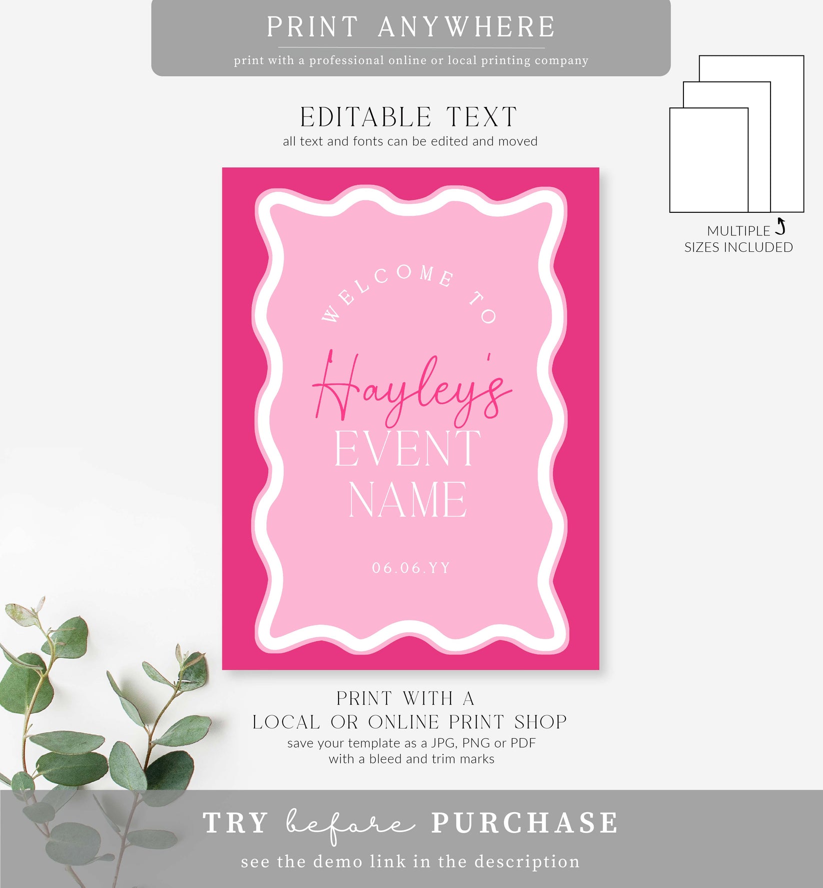 Wave Hot Pink | Printable Welcome Sign Template – Black Bow Studio