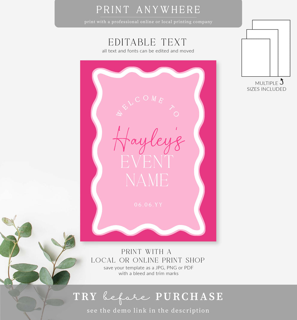 Wave Hot Pink | Printable Welcome Sign Template – Black Bow Studio
