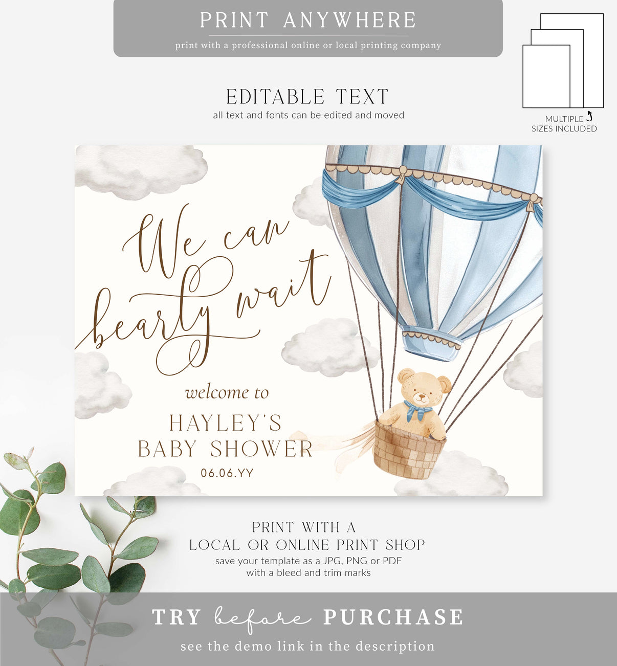 Bearly Wait Blue | Printable Welcome Sign Template – Black Bow Studio
