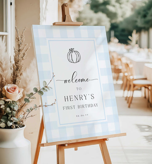 Gingham Blue Pumpkin | Printable Welcome Sign Template – Black Bow Studio