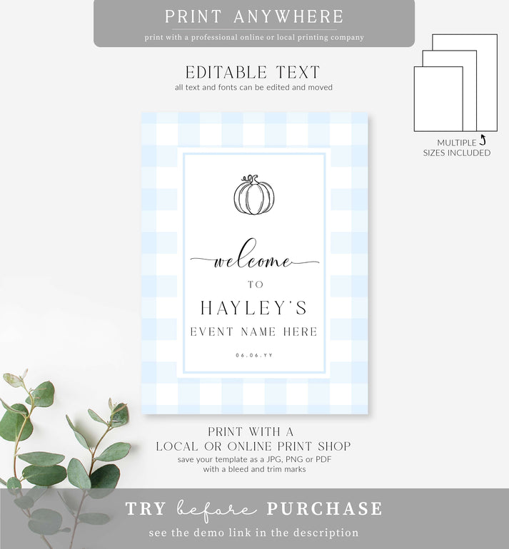 Gingham Blue Pumpkin | Printable Welcome Sign Template – Black Bow Studio