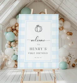 Gingham Blue Pumpkin | Printable Welcome Sign Template – Black Bow Studio