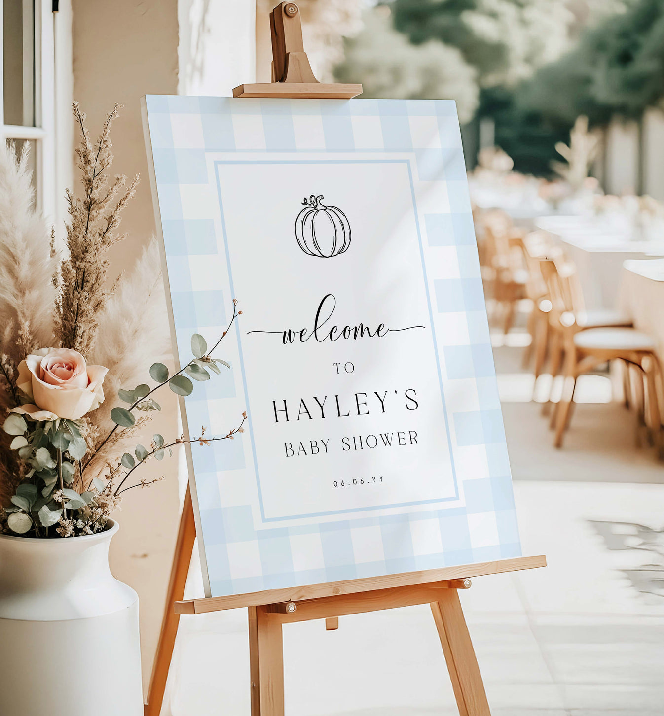 Gingham Blue Pumpkin | Printable Welcome Sign Template – Black Bow Studio