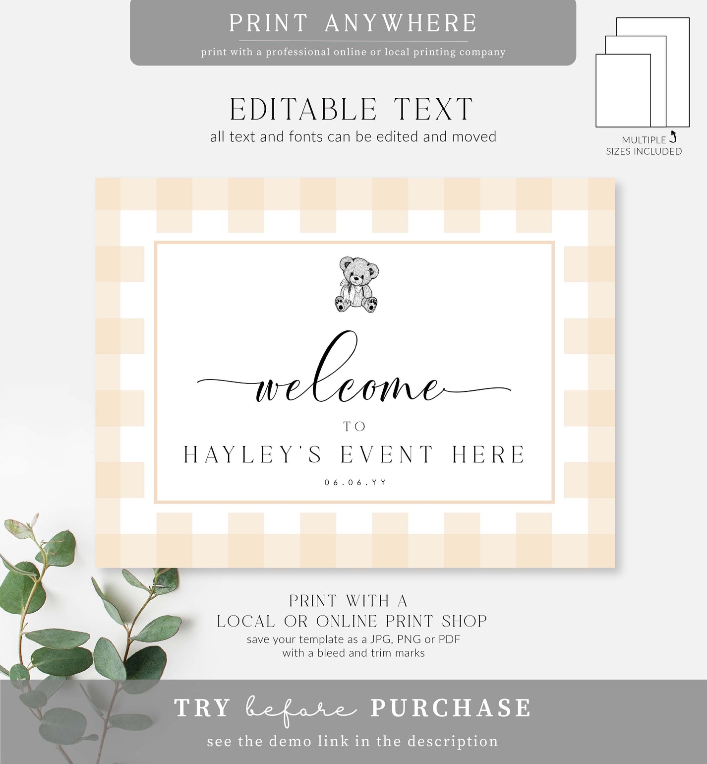 Gingham Tan Teddy Bear | Printable Welcome Sign Template – Black Bow Studio