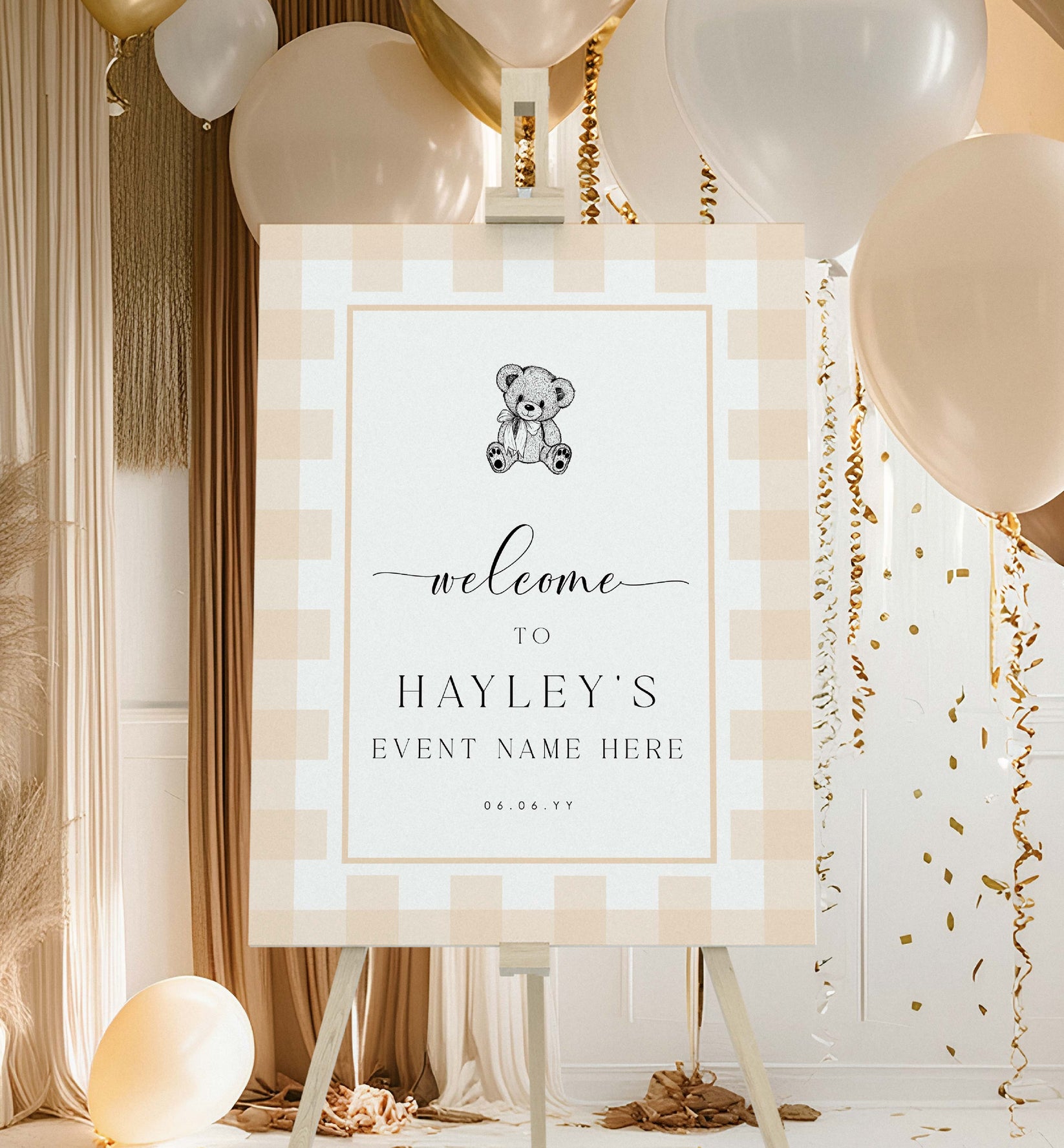 Gingham Tan Teddy Bear | Printable Welcome Sign Template – Black Bow Studio