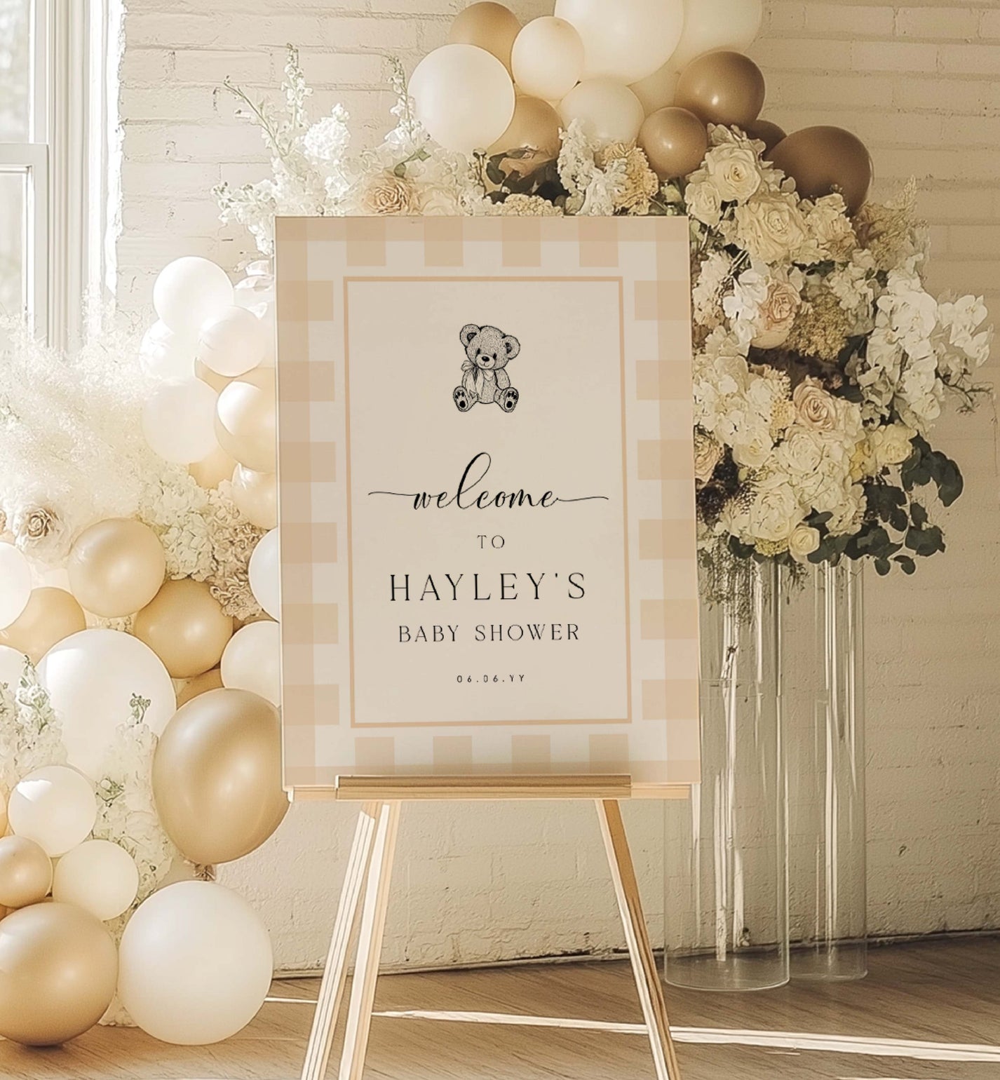 Gingham Tan Teddy Bear | Printable Welcome Sign Template – Black Bow Studio
