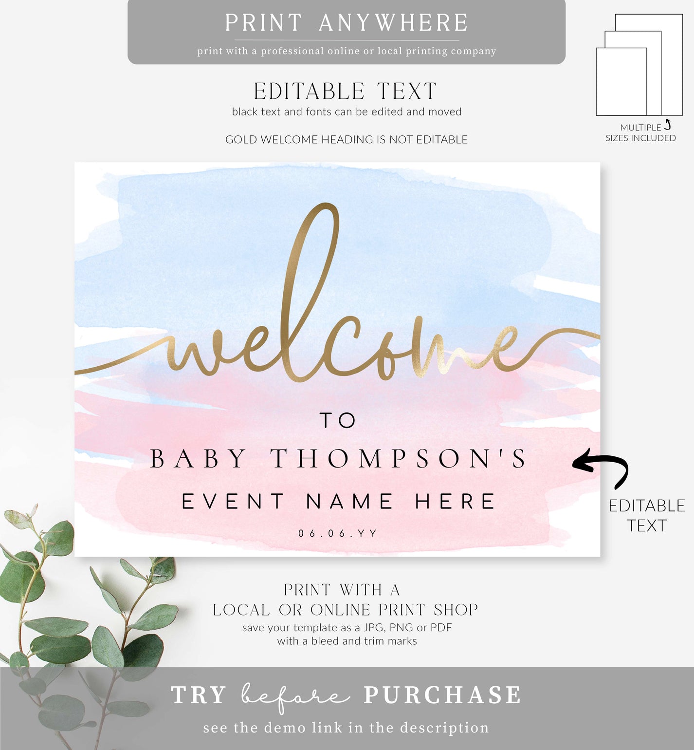 Watercolour Pink Blue | Printable Welcome Sign Template – Black Bow Studio