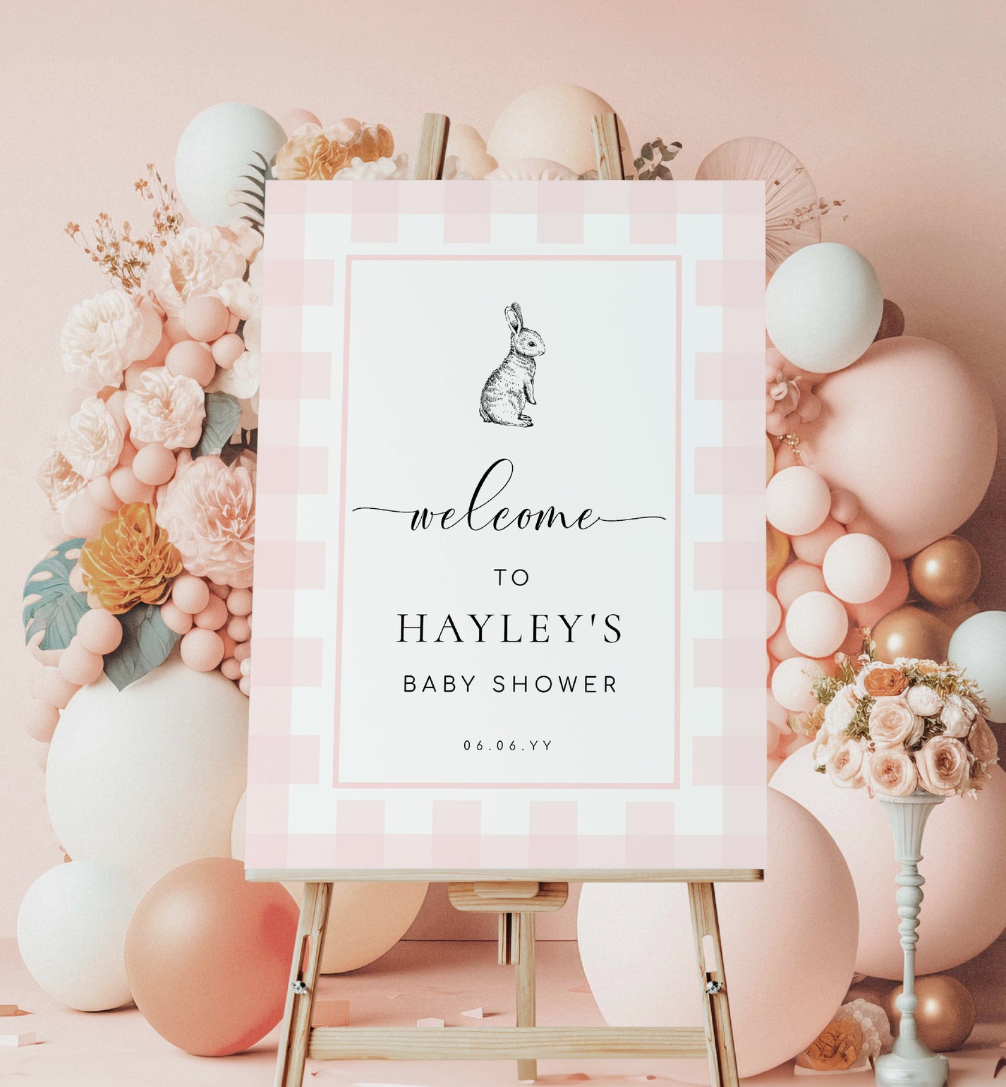 Gingham Pink Bunny | Printable Welcome Sign Template – Black Bow Studio