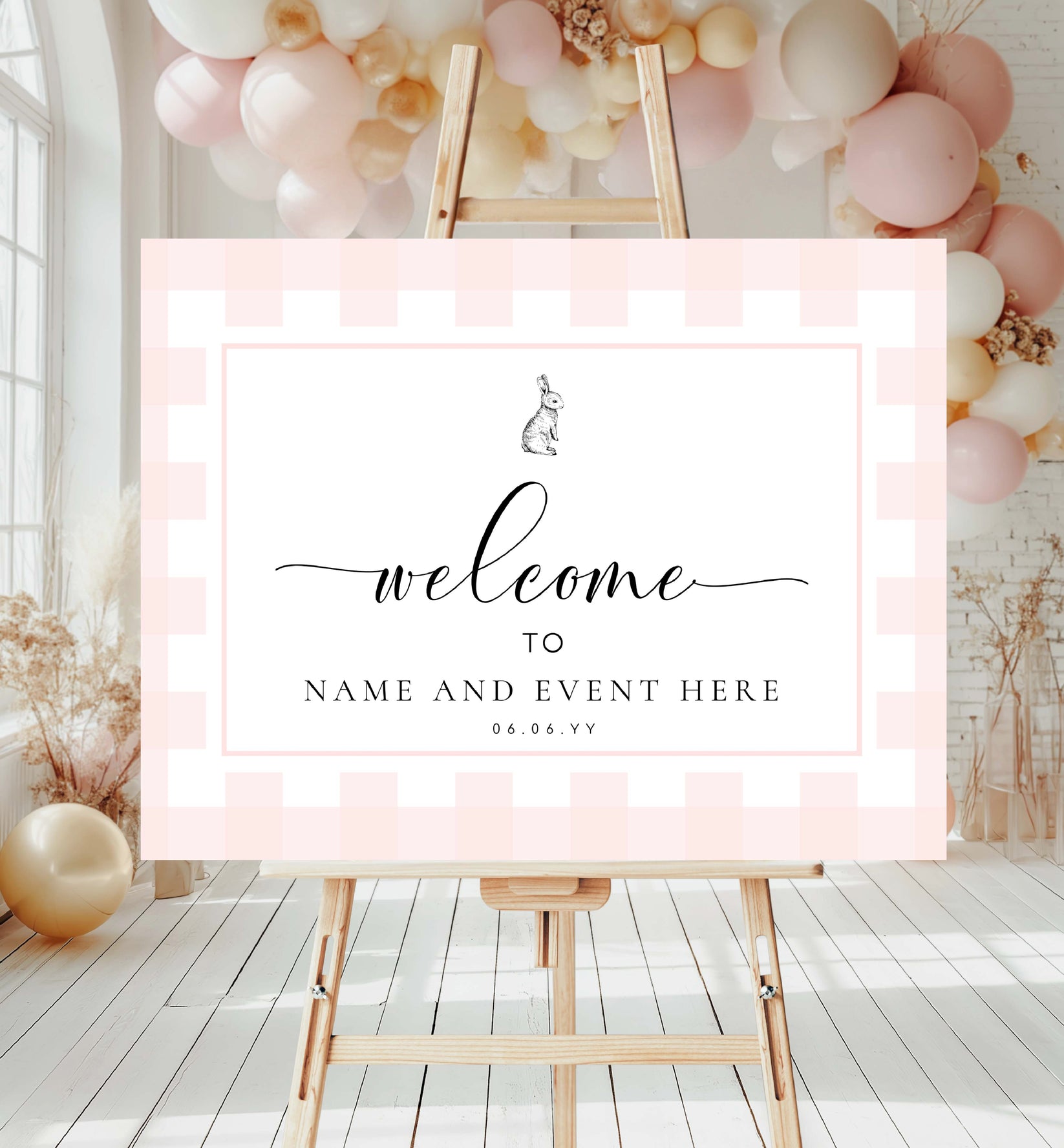 Gingham Pink Bunny | Printable Welcome Sign Template – Black Bow Studio