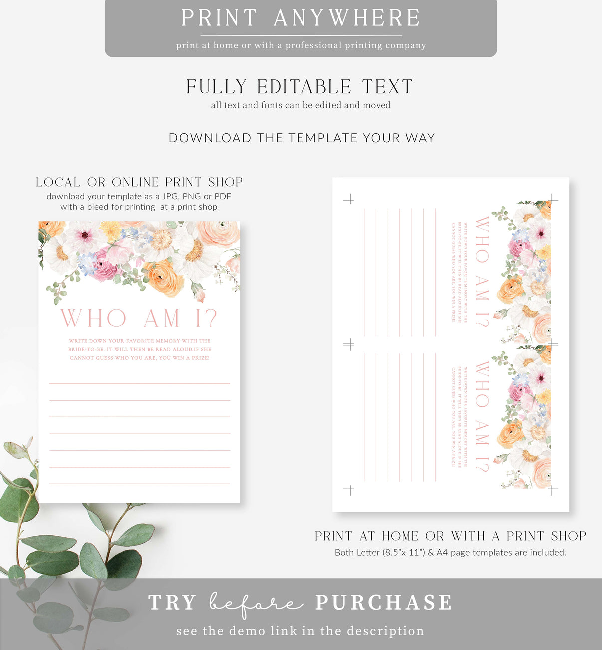 Millie Floral | Printable Who Am I Bridal Shower Game Template – Black ...