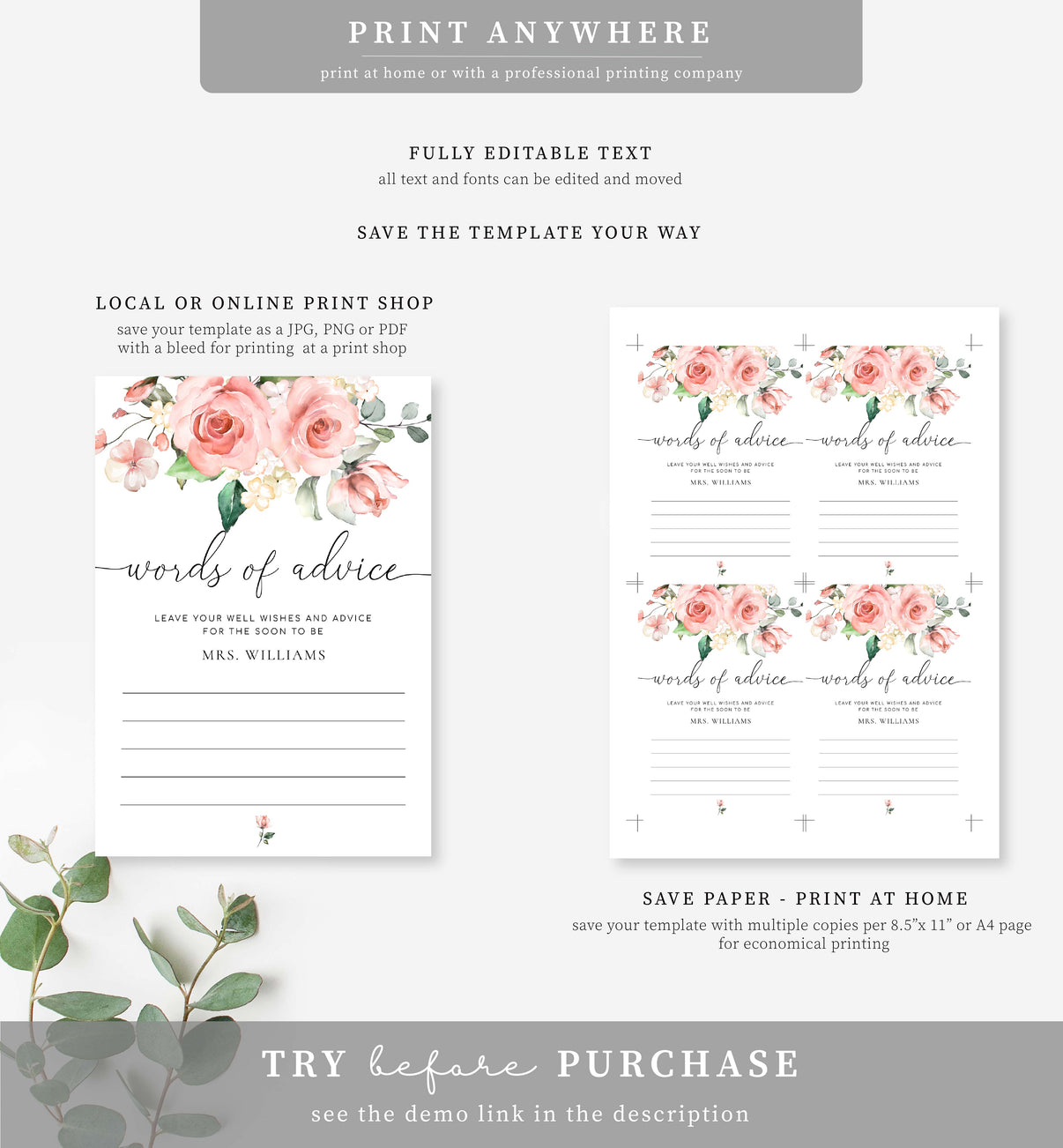 Darcy Floral | Printable Words Of Advice Sign and Card Template – Black ...