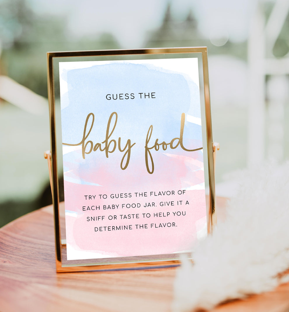 Watercolour Pink Blue | Printable Baby Food Game Sign, Card and Number ...