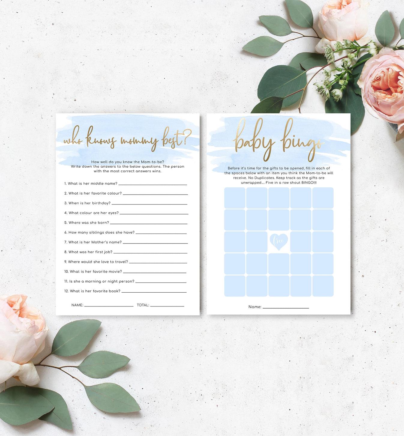 Watercolour Blue | Printable Baby Shower Games Bundle – Black Bow Studio