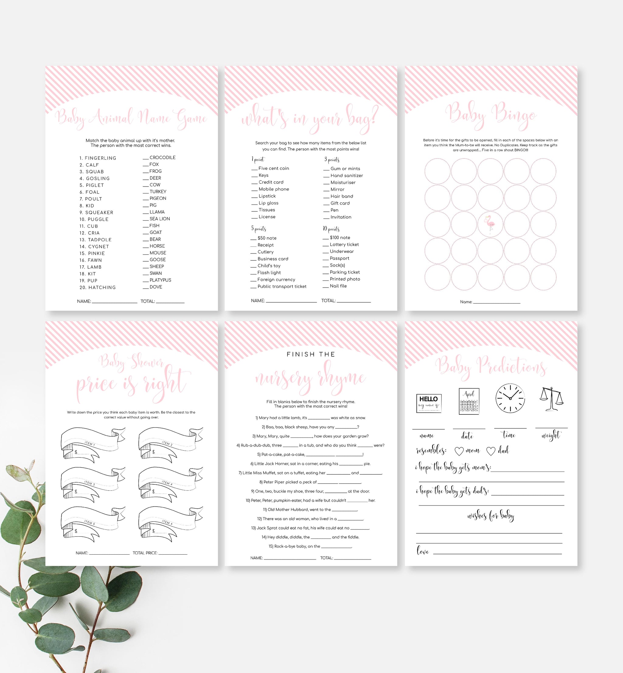 Stripe Pink | Printable Baby Shower Games Bundle – Black Bow Studio