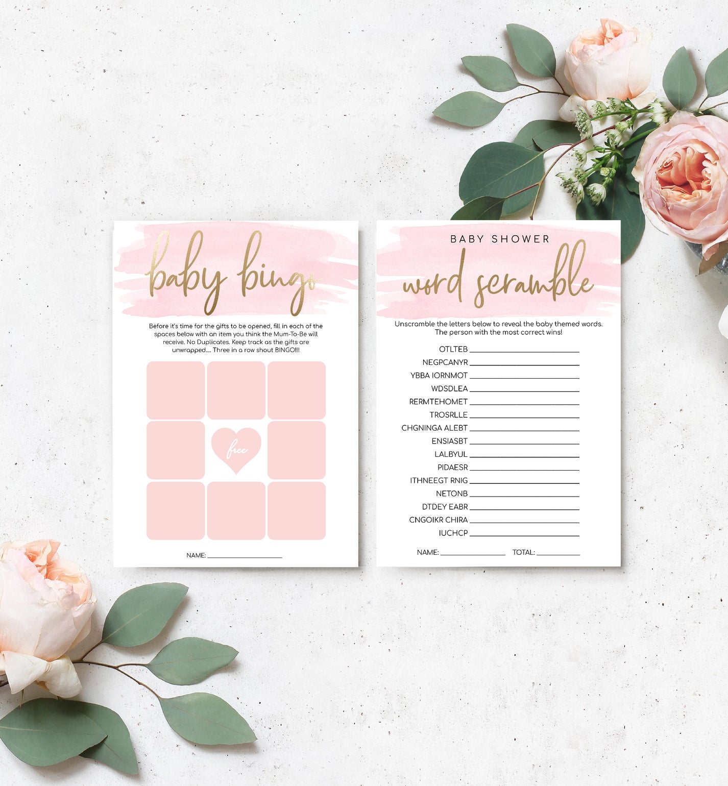Watercolour Pink | Printable Baby Shower Games Bundle – Black Bow Studio